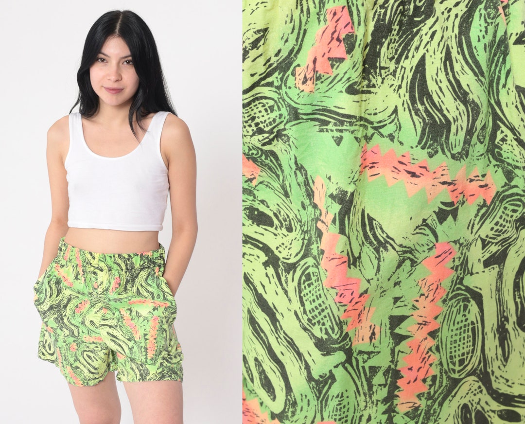 80s Neon Shorts Abstract Alien Print Shorts Baggy High Waisted Retro ...