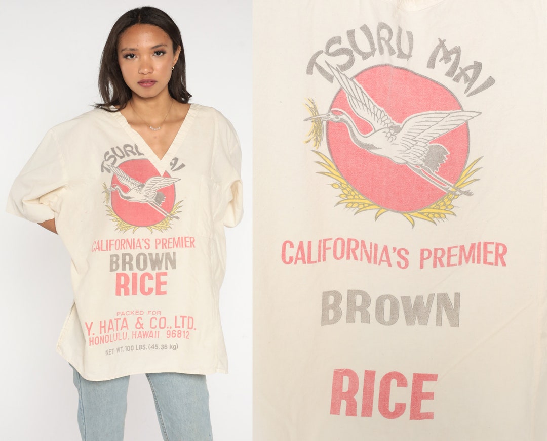 Vintage Rice Sack Shirt Tsuru Mai Hawaii Flour Sack Tshirt Crane Bird ...
