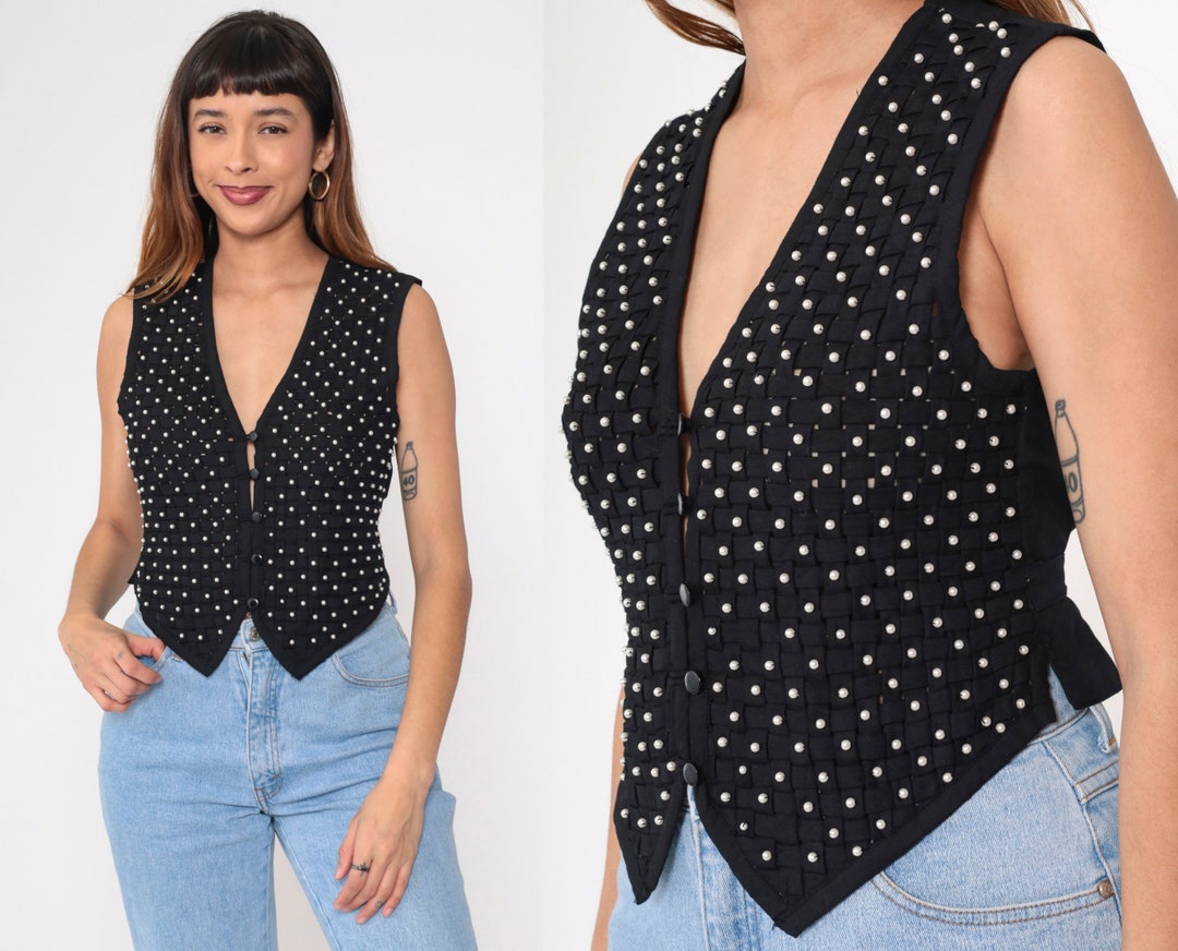 Pearl Beaded Vest Top 90s Black Cutout Vest Lattice Button up ...