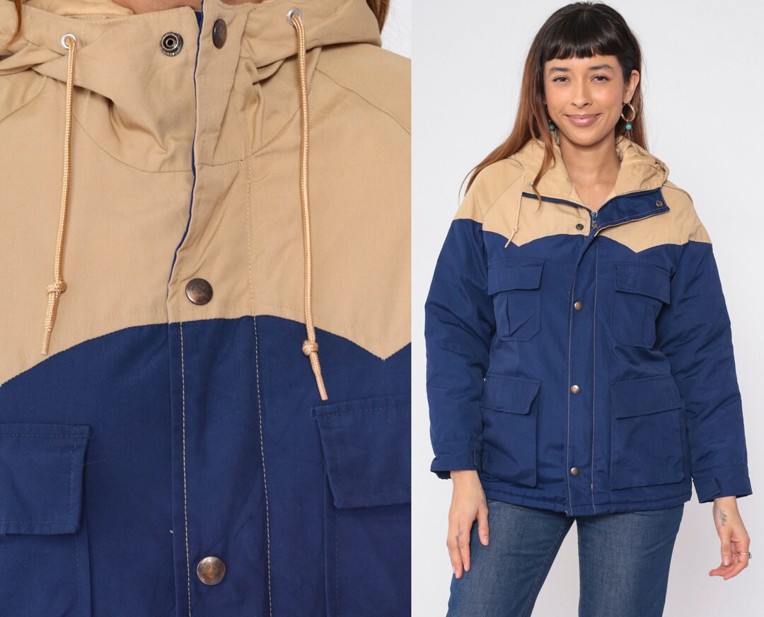 80s Hooded Ski Jacket Retro Zip up Puffer Jacket Blue Tan Color Block ...