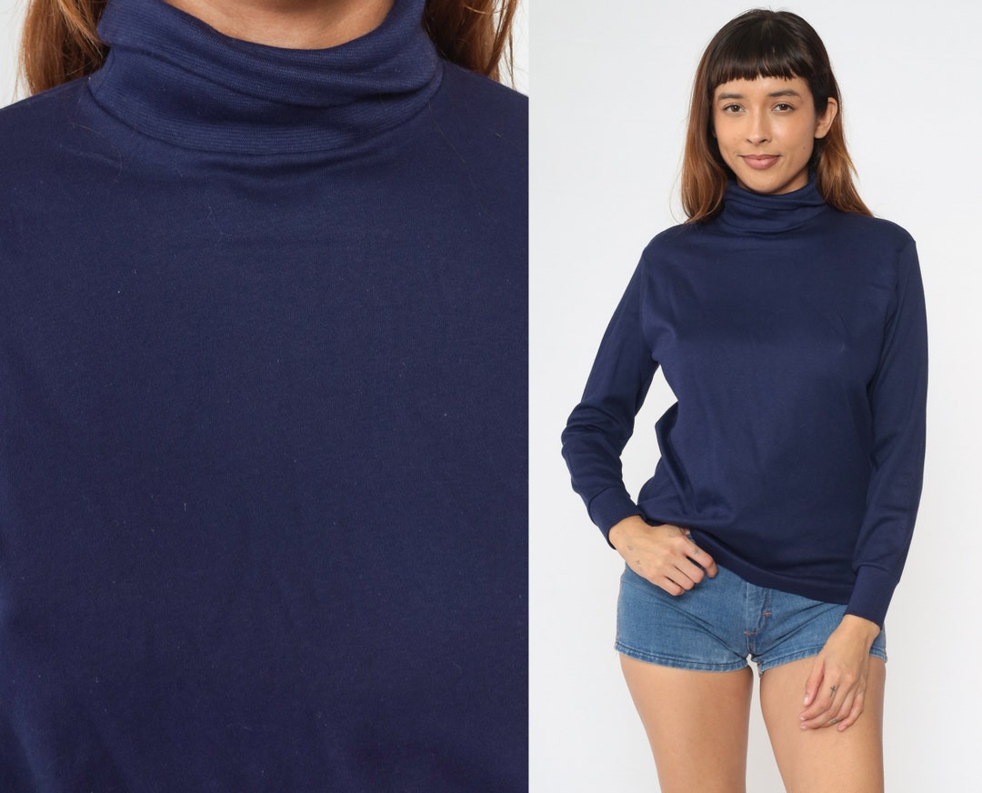 Navy Blue Turtleneck Shirt 90s Skyr Long Sleeve Shirt Pullover Top ...