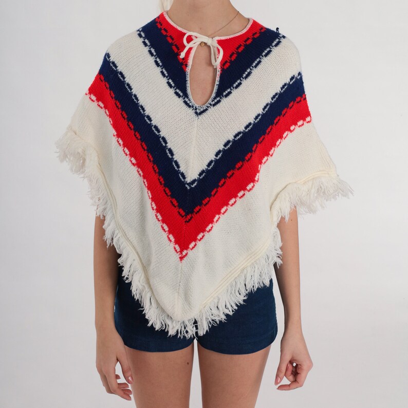 70s Striped Poncho Knit Hippie Poncho Fringe Shall Cape Blanket White ...