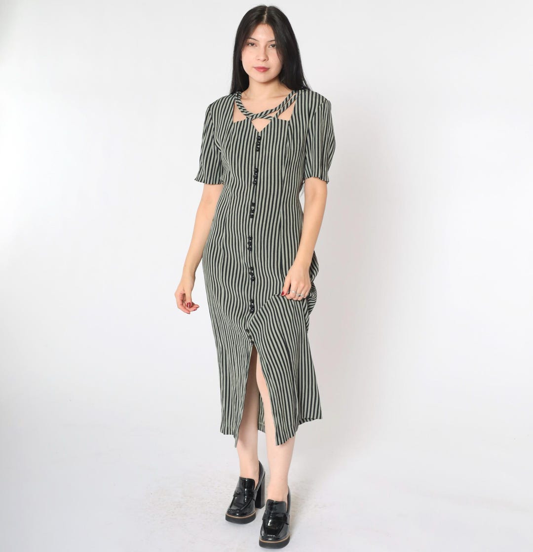 Vintage Striped Sheath Dress 90s Cage Neck Black Grey Button up Midi ...