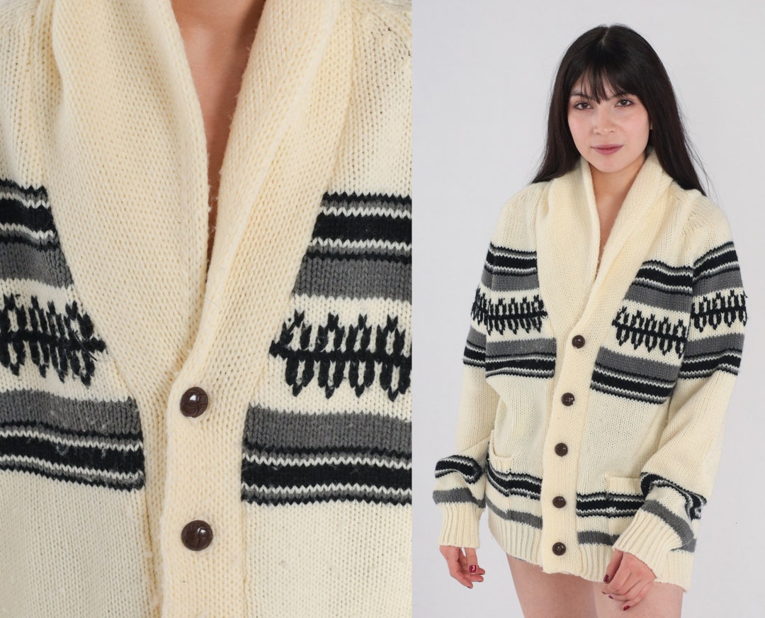 70s Striped Cardigan Button up Knit Sweater Cream Geometric Shawl ...