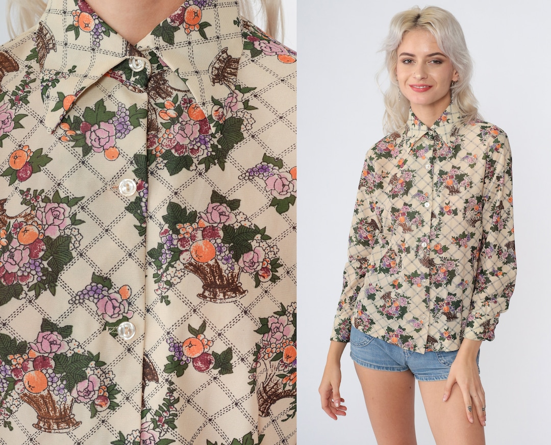 Checkered Floral Blouse 70s Button up Shirt Flower Print Top Long ...