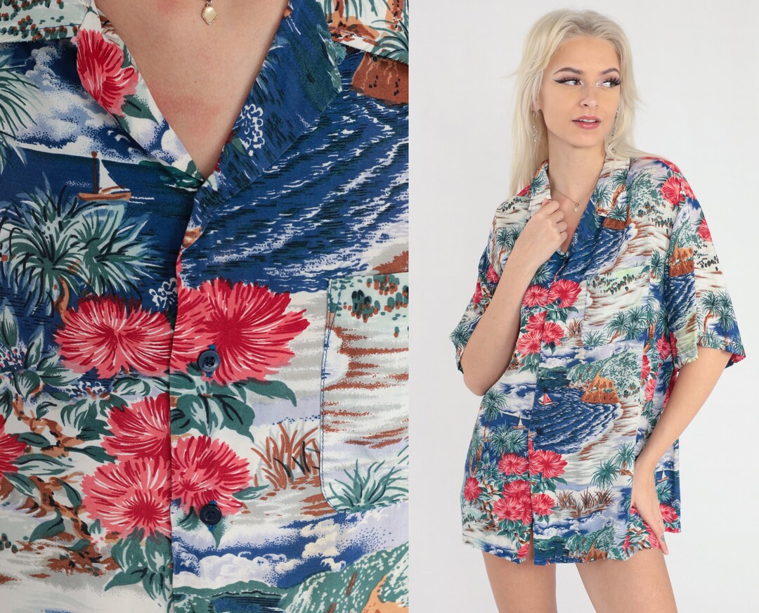 Hawaiian Islands Shirt Y2k Tropical Button up Palm Tree Blue Sailboat ...