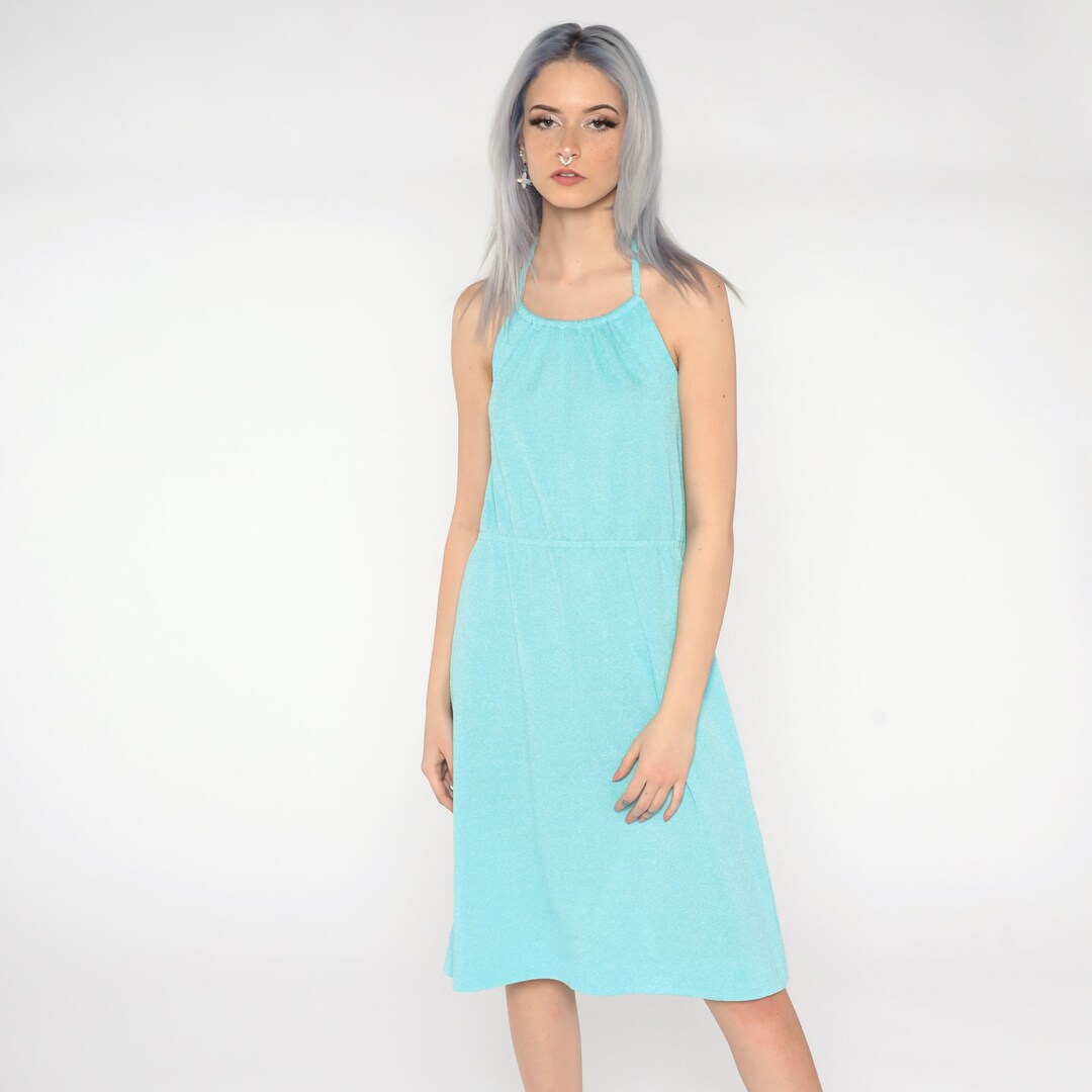 Summer Dress 70s Sundress Midi 1970s Aqua Blue Sundress Boho Vintage ...