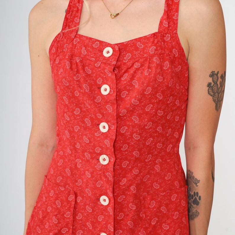 Paisley Sundress 70s Micro Mini Dress Red 1970s Boho Summer Pocket ...