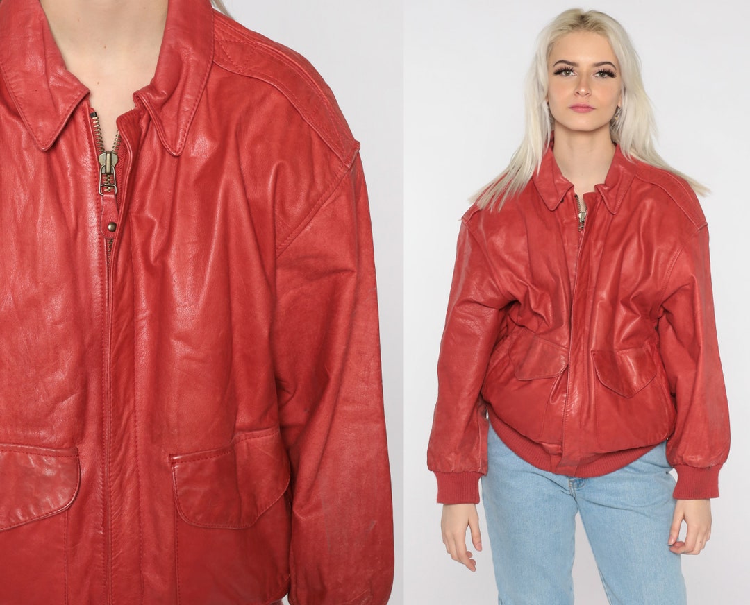 Red Leather Jacket 80s Bomber Jacket Biker Coat Moto Boho Motorcycle ...