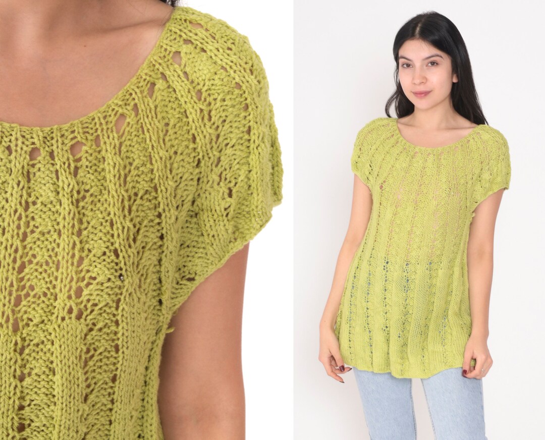 Green Knit Top Sheer Y2K Boho Blouse Open Weave Short Sleeve Sweater ...