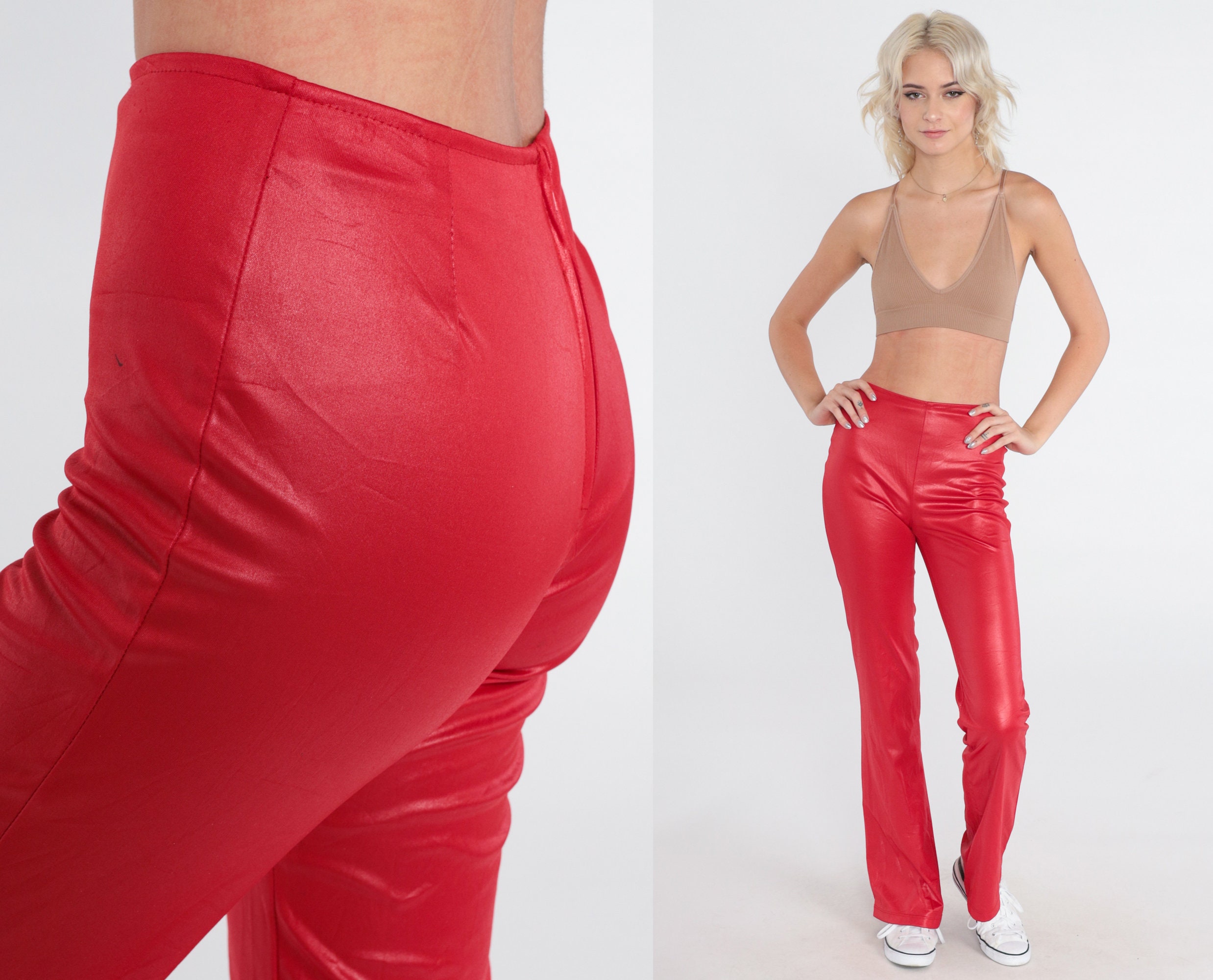 shiny-red-pants-90s-flared-trousers-low-rise-bellbottoms-party-going