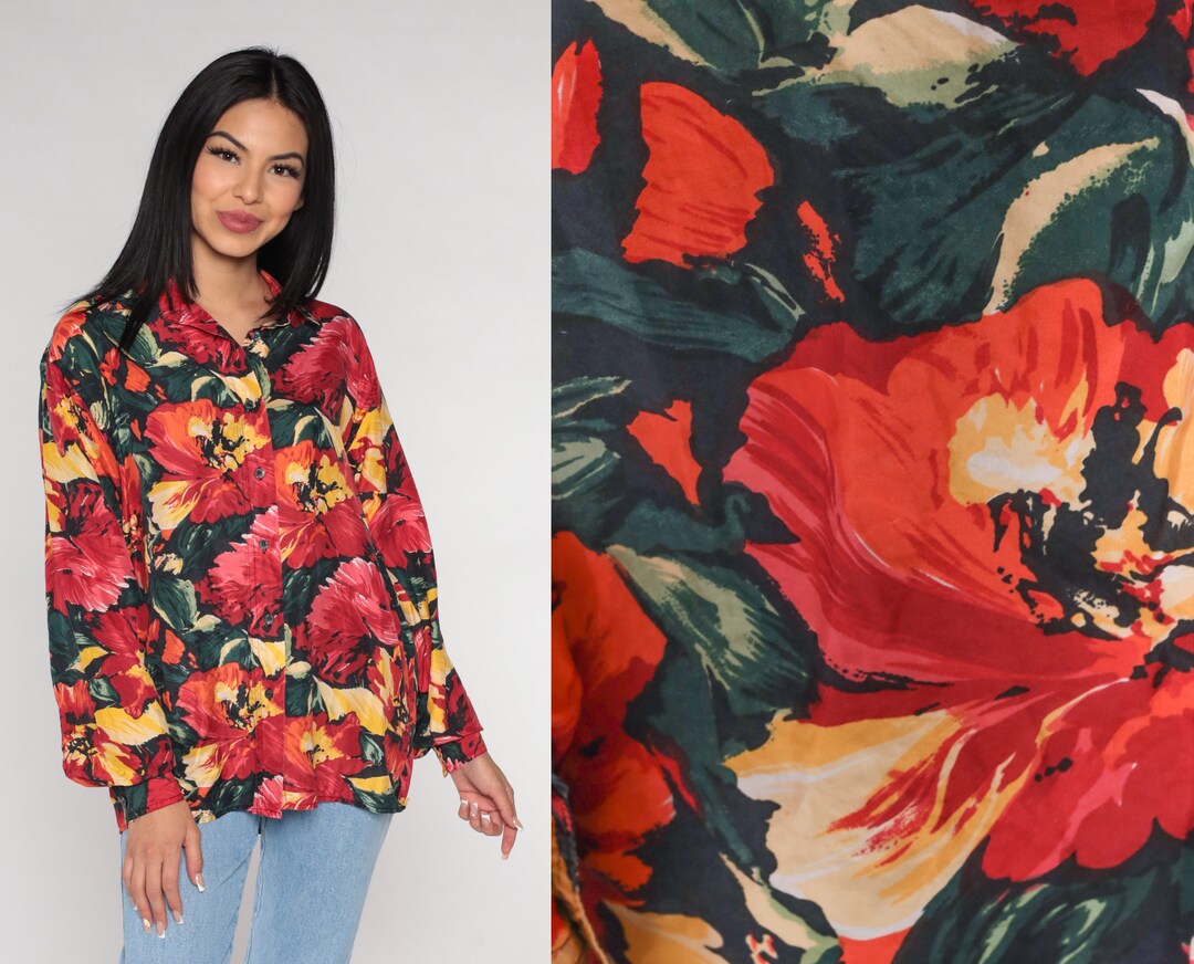 Silk Floral Blouse 90s Boho Top Button up Shirt Retro Long Sleeve Poppy ...