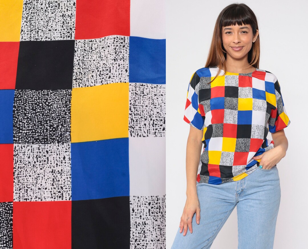 90s Color Block Top Boho Blouse Primary Color Black White Flecked Print ...