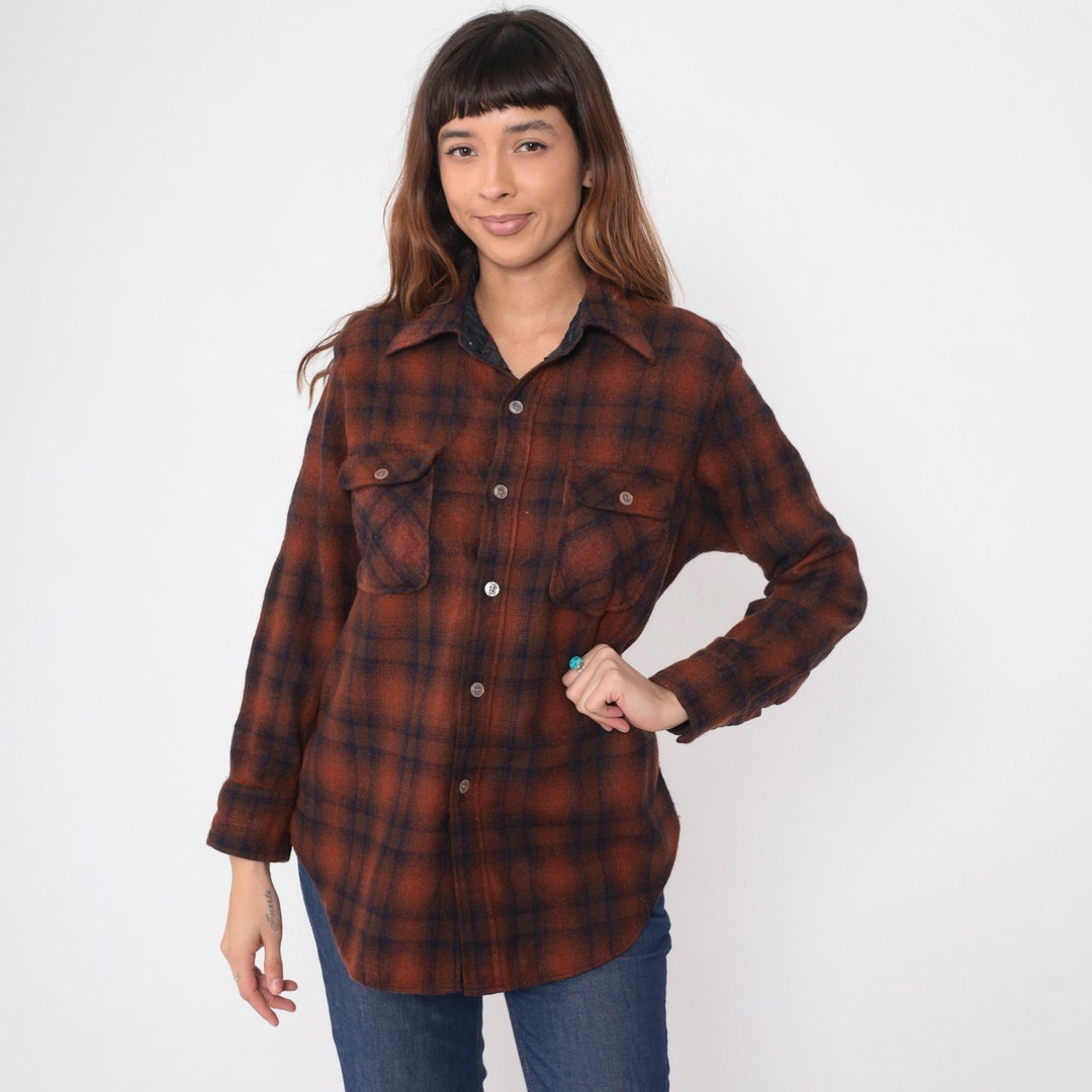 70s CPO Shirt Wool Blend Flannel Plaid Shirt Rust Navy Blue Button up ...