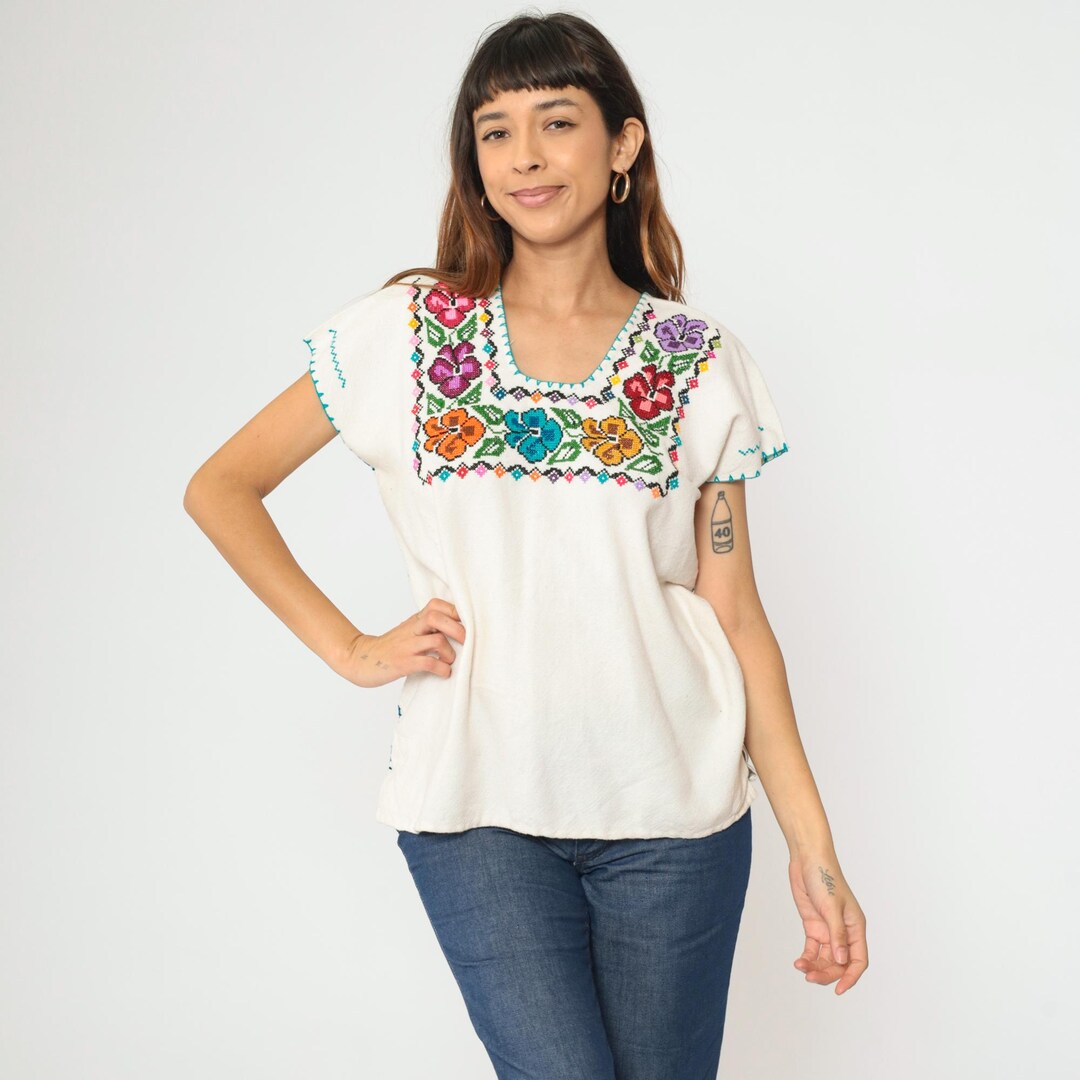 Mexican Floral Blouse 90s White Embroidered Needlepoint Top Peasant ...