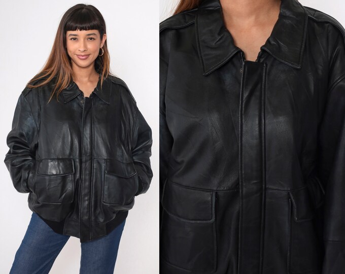 Black Leather Jacket 90s Bomber Jacket Zip up Biker Moto Coat ...