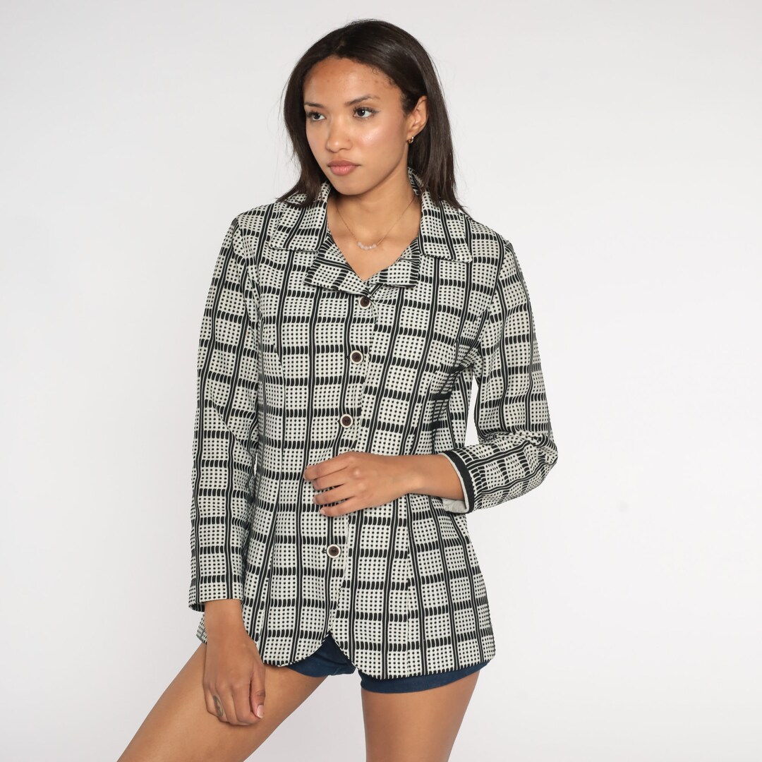 70s Checkered Shirt Black White Button up Striped Print Shirt Shirt ...