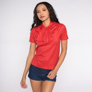 Red Ruffle Blouse 70s 80s Boho Top Ruffle Collar Shirt Square Print ...