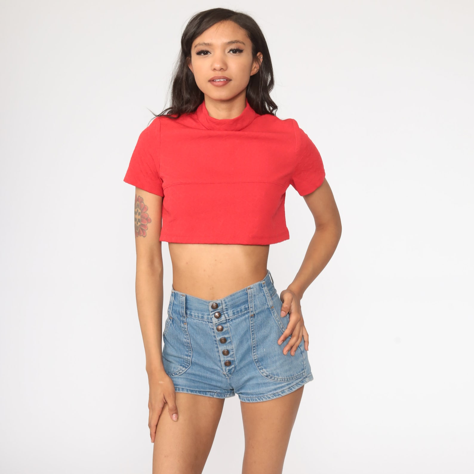 70s Crop Top Red Shirt Retro Mock Neck Shirt Mod 1970s Shirt - Etsy