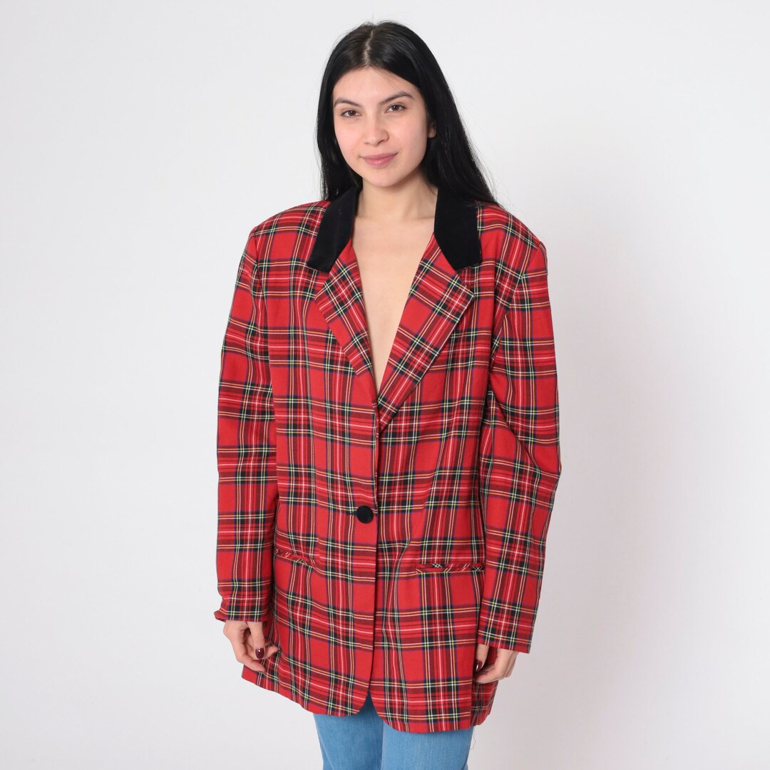 Red Plaid Blazer 90s Button up Checkered Jacket Black Velvet Collar Tartan Check Print Retro ...