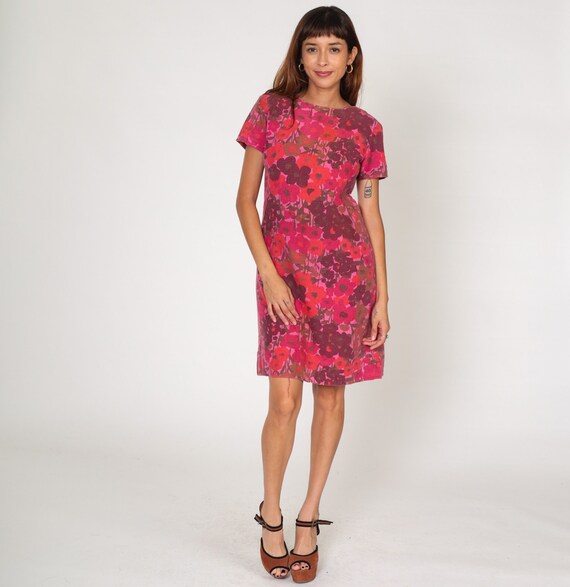 60s Mini Dress Bright Pink Floral Shift Mod Hippie 70… - Gem