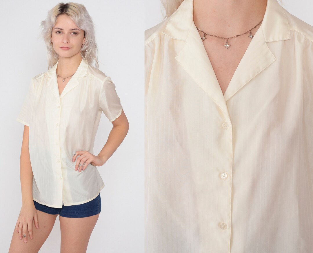 Cream Blouse 80s Button up Shirt Retro Plain Simple Short Sleeve Top ...