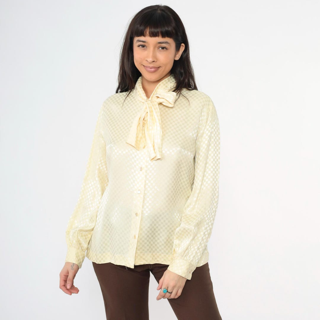 Vintage Cream Ascot Blouse 70s Checkerboard Jacquard Satin Long Sleeve ...