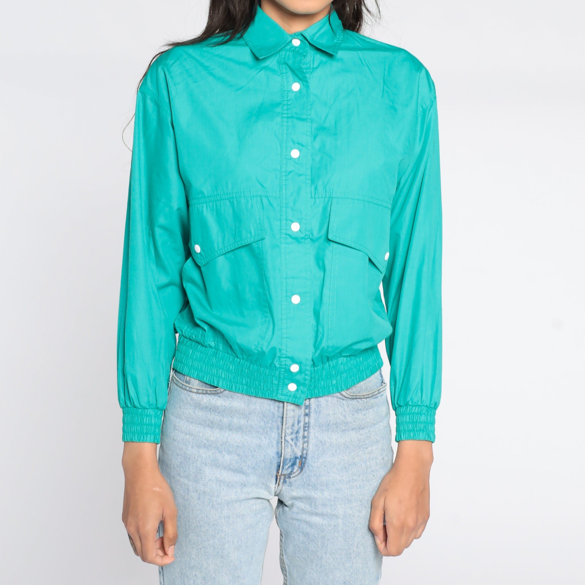 80s Bomber Jacket Turquoise Green Jacket Shirt Button up Cargo - Etsy