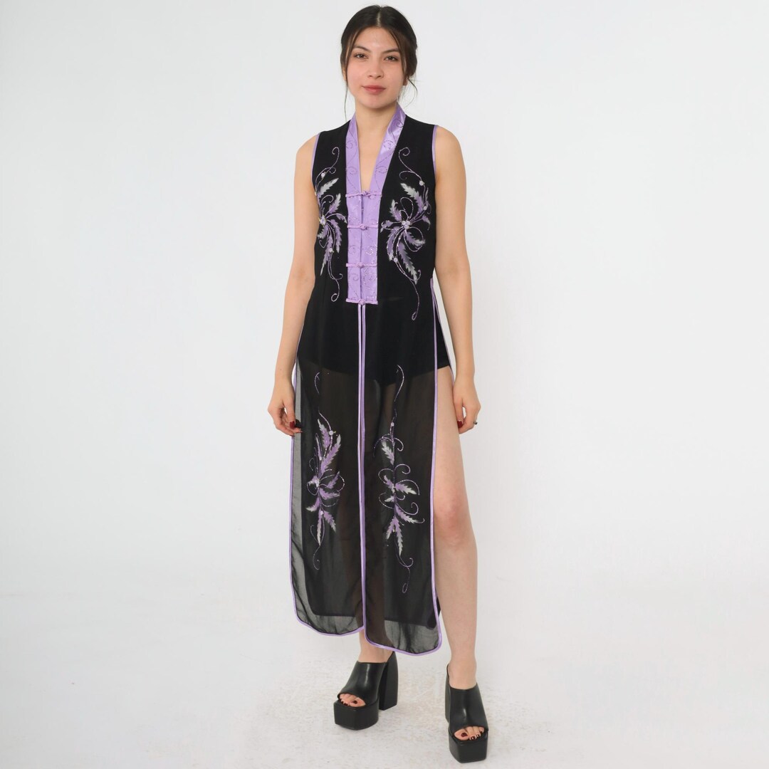 Vintage Sheer Black Cheongsam Dress 2000s Purple Glitter Mandarin ...