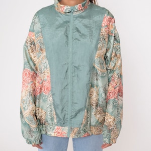 Floral Windbreaker Jacket 90s Sage Green Baroque Rococo Rose Print Retro Jacket Pink Cream ...