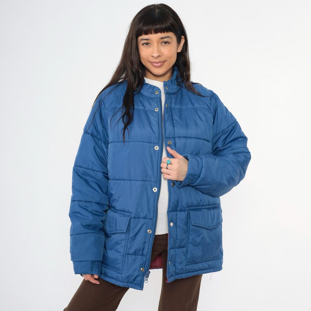 Vintage Blue Puffer Jacket 80s Retro Puffy Ski Coat Warm Jacket Snap up ...