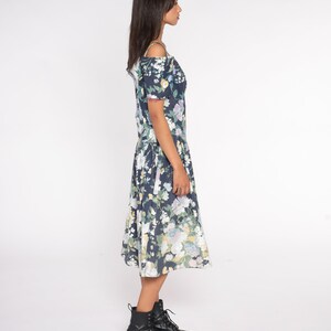 Off Shoulder Dress 80s Floral Midi Dress Dark Blue Basque - Etsy