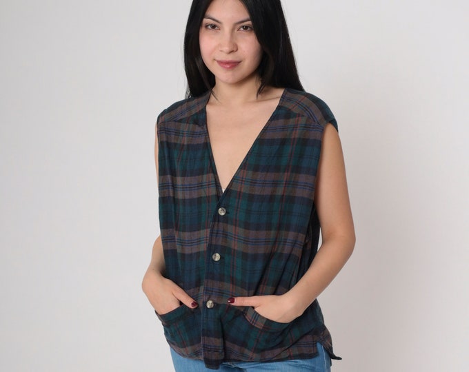 Vintage Checkered Vest, Blue and Green Checkered Vest, Plaid Vest ...