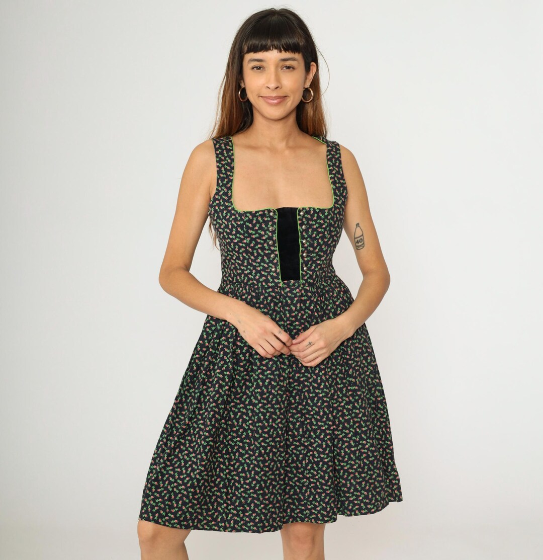 Vintage 60s Dirndl Dress Black Floral Oktoberfest Folk Dress Austrian ...