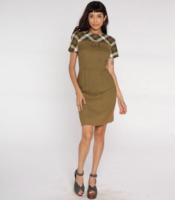 Plaid Wiggle Dress 1950s Dress Brown Mini Mad Men 50s… - Gem