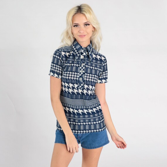 Checkered Polo Shirt 70s Collared Shirt Navy Blue Hou… - Gem