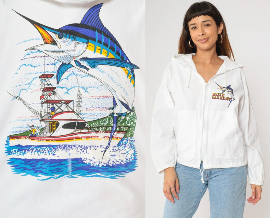 90s Mexico Jacket Blue Marlin Fishing Hooded Windbreaker Mexican Zip up ...