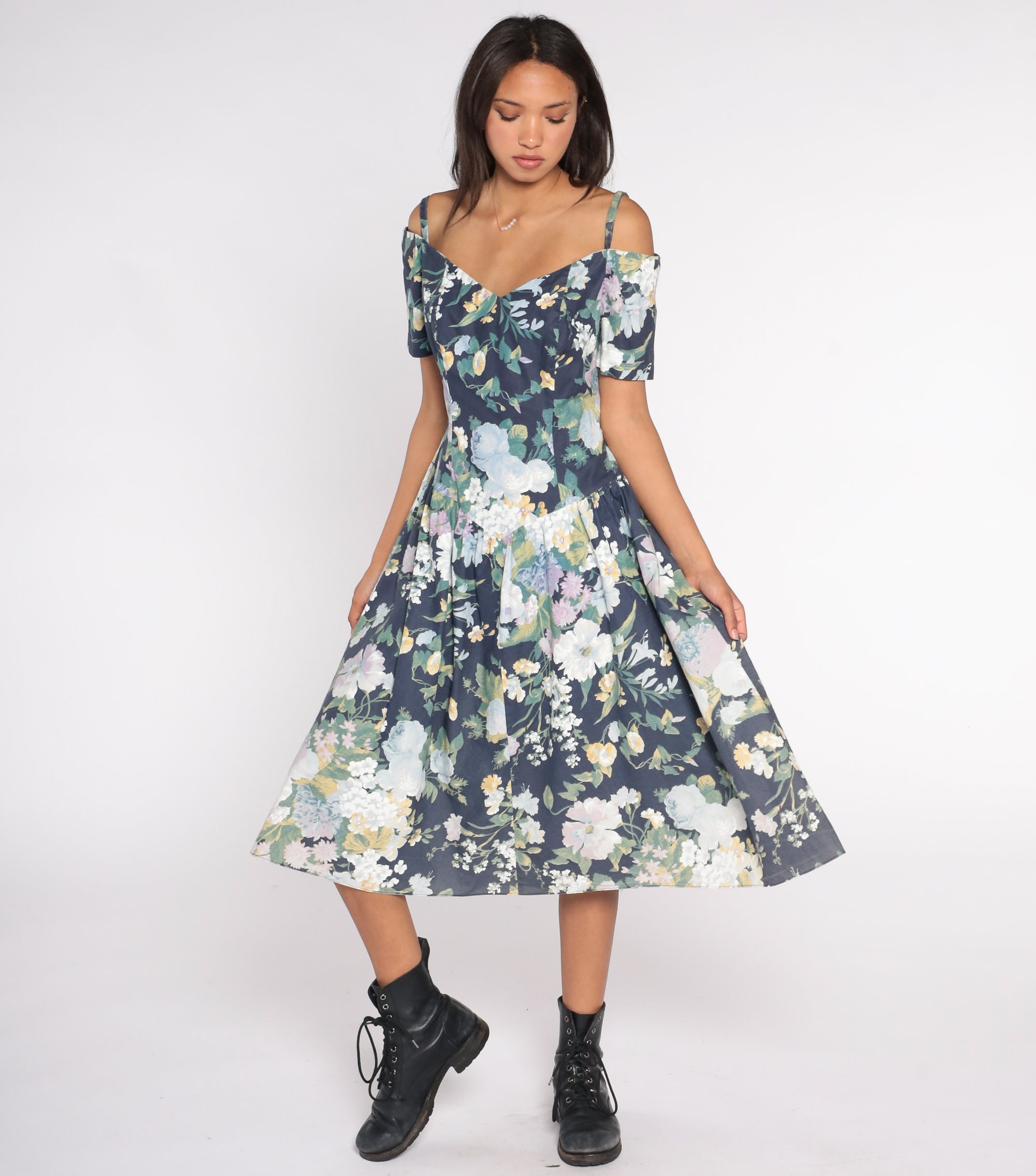 Off Shoulder Dress 80s Floral Midi Dress Dark Blue Basque - Etsy