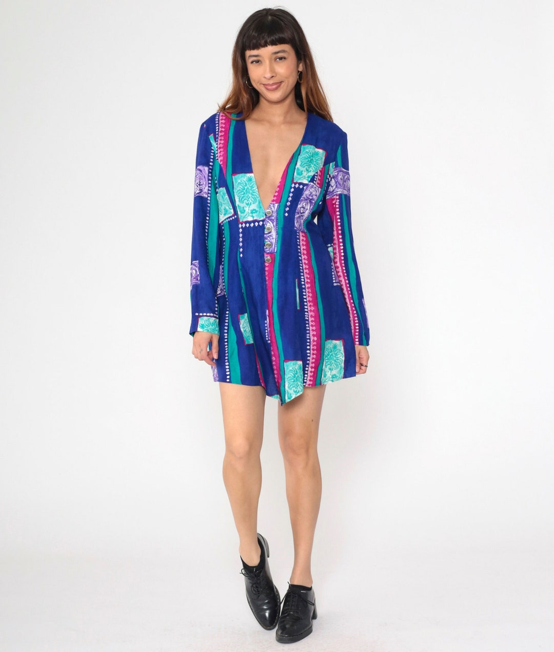 90s Front Slit Dress Blue Striped Floral Blouse Deep V Neck Button up ...