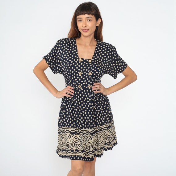 Popcorn Print Dress 90s Mini Double Breasted Button U… - Gem