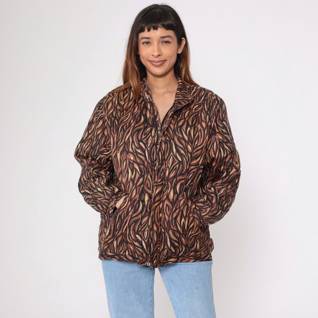 Vintage 90s Brown Silk Puffer Jacket Quilted Abstract Animal Print Zip ...