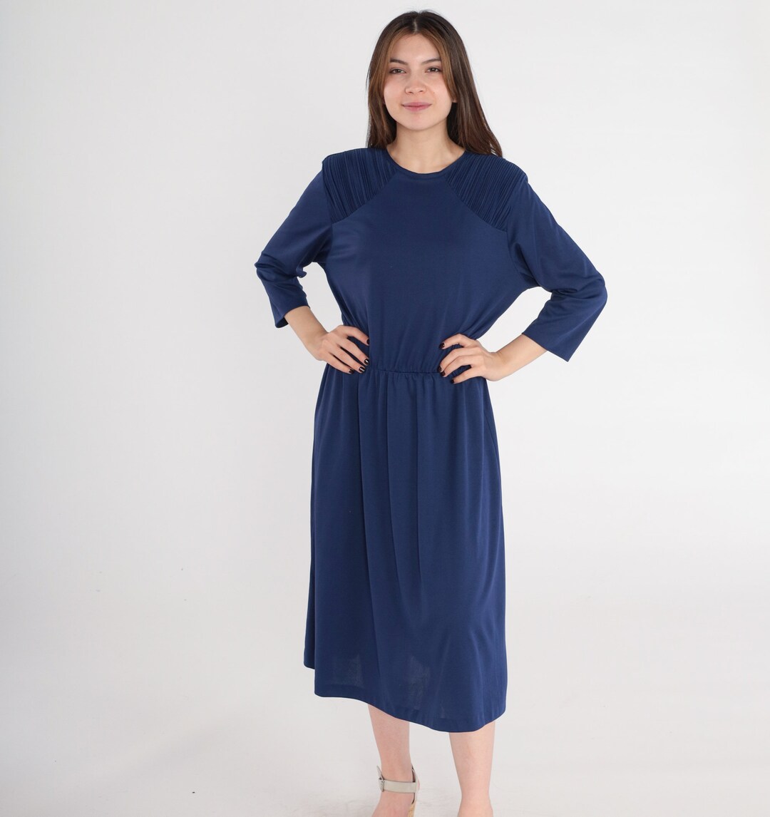 80s Navy Blue Dress Midi Dress Pleated Shoulder Plain Secretary Dress ...