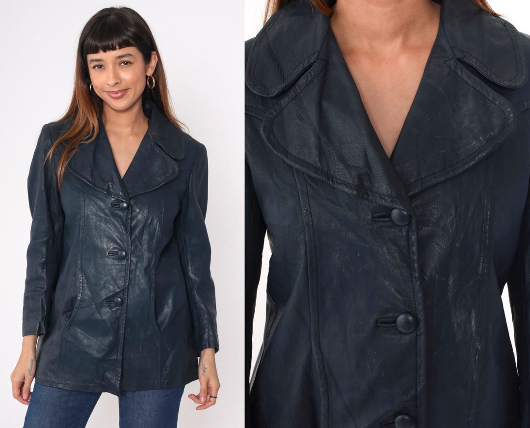 70s Leather Jacket Navy Blue Leather Blazer Bohemian Boho Hippie V Neck ...