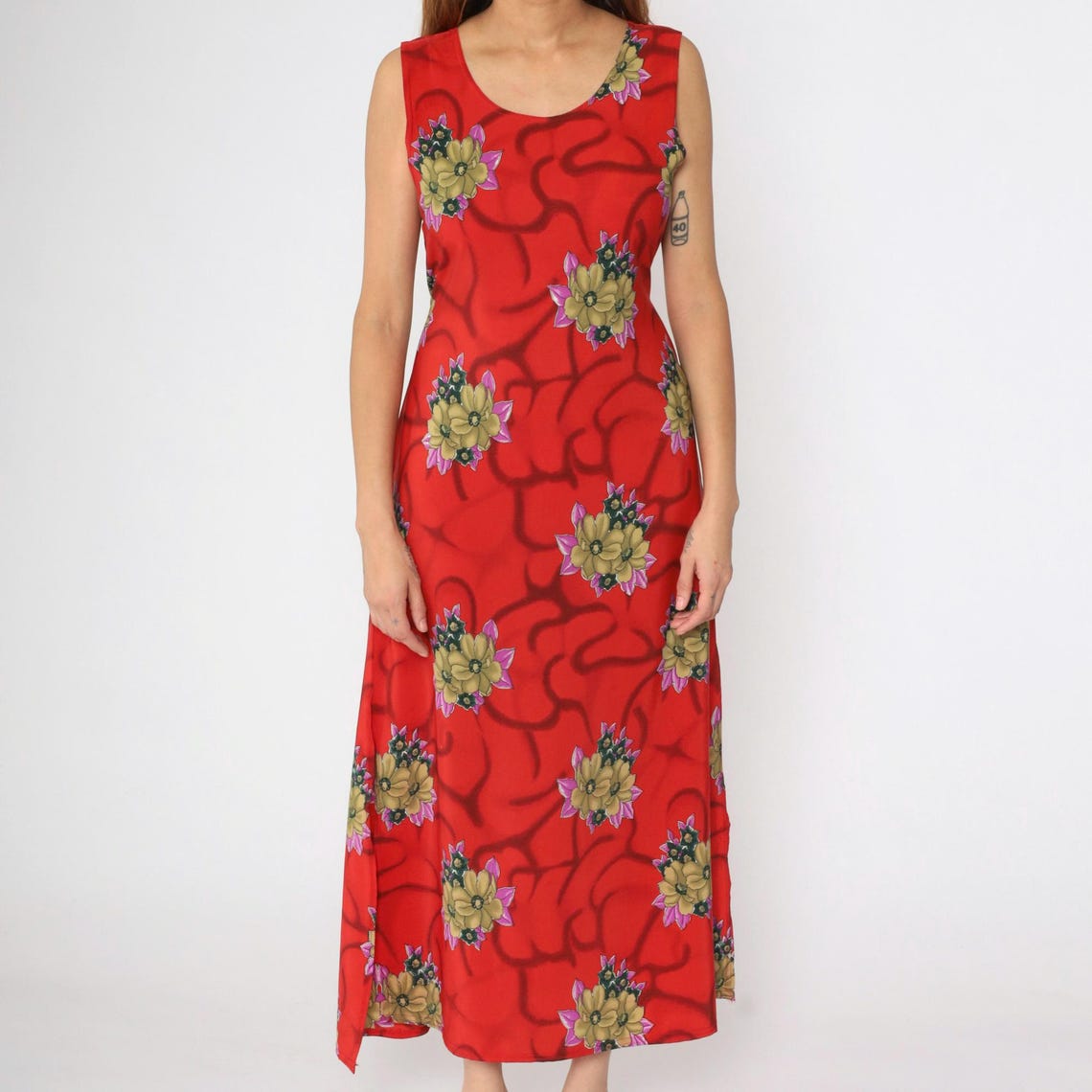 90s Floral Dress Red Flower Print Maxi Dress Boho Grunge Sundress ...
