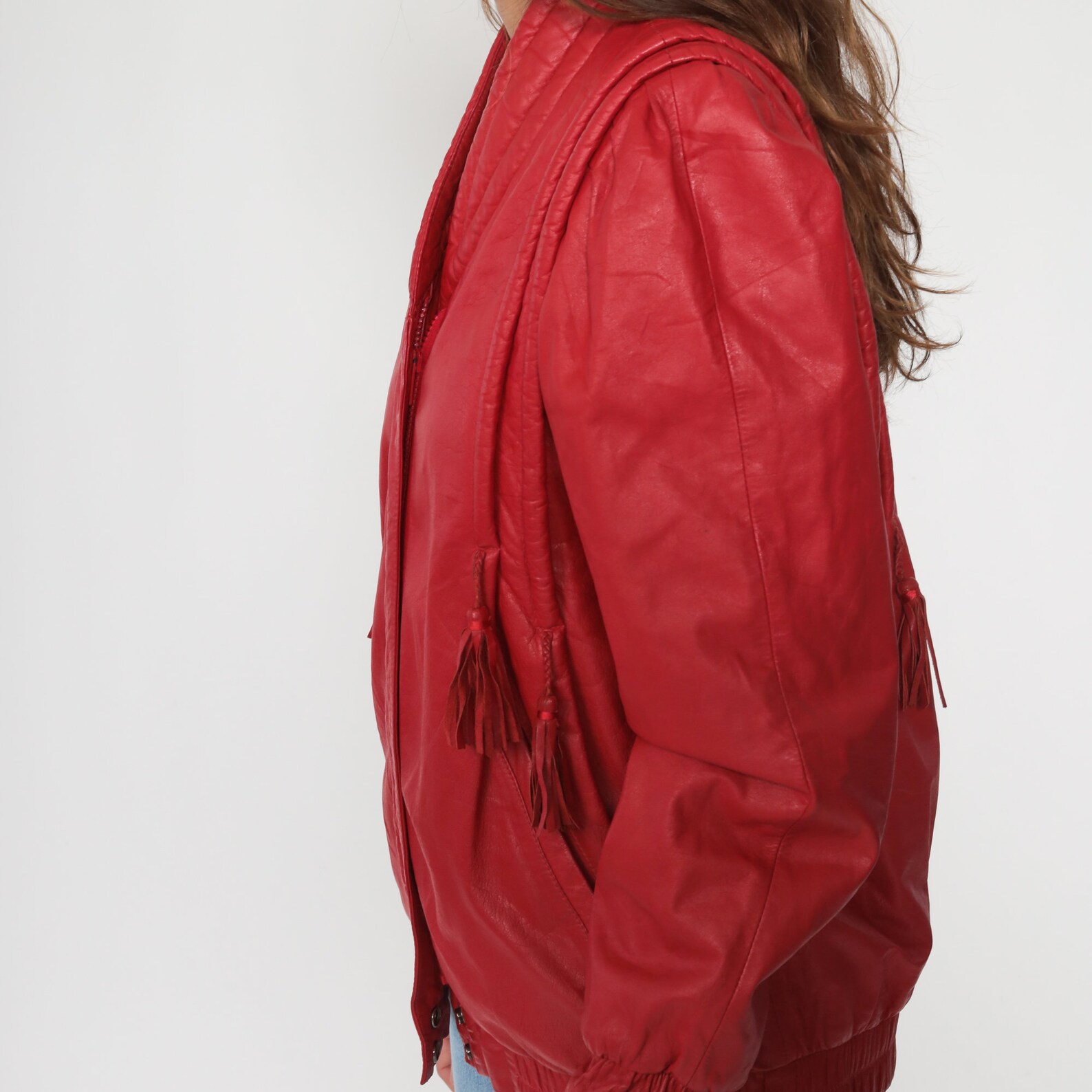 Red Leather Jacket Motorcycle Leather Puff Sleeve Jacket Biker | Etsy