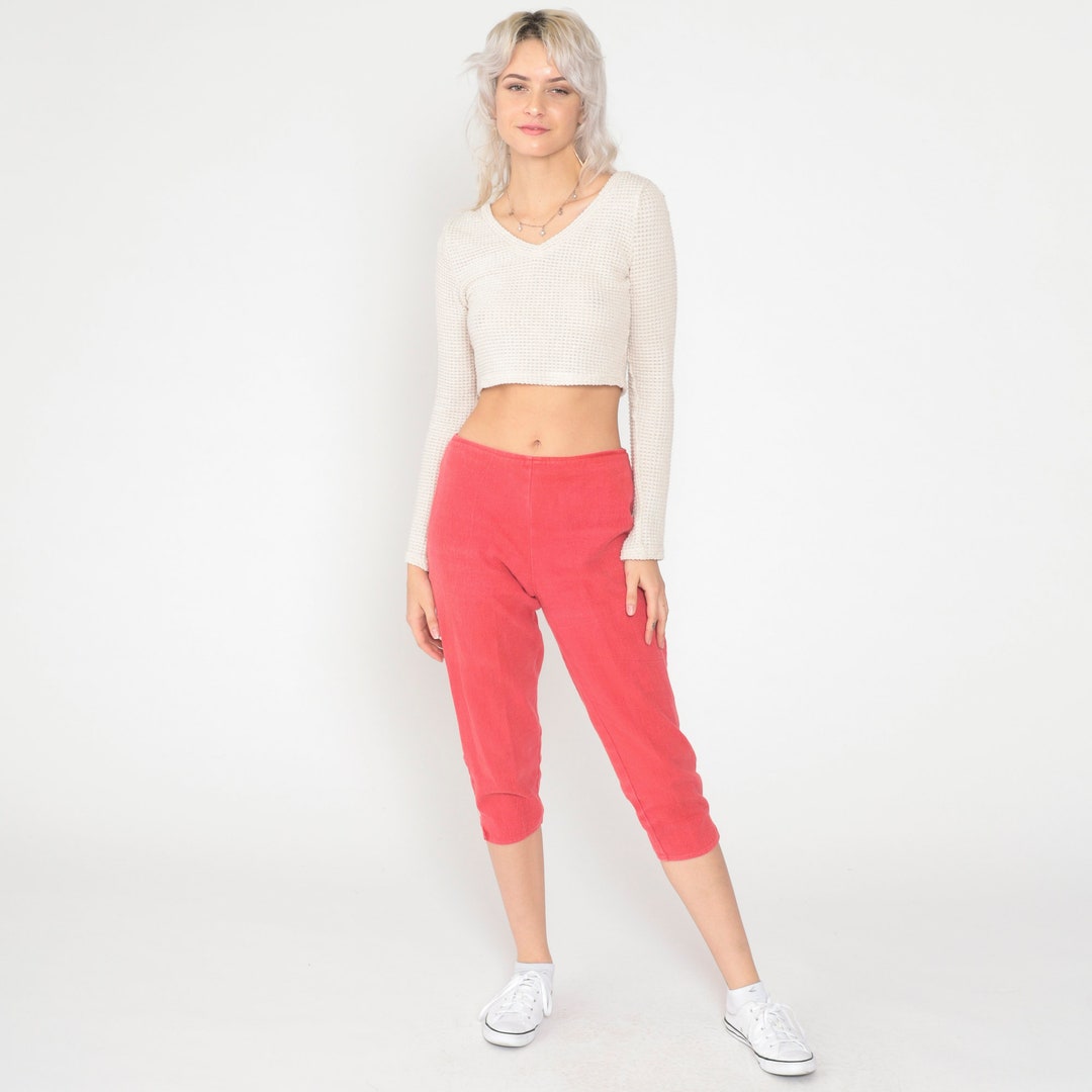90s Capri Pants Red Cropped Trousers High Waist Rise Capris Retro ...