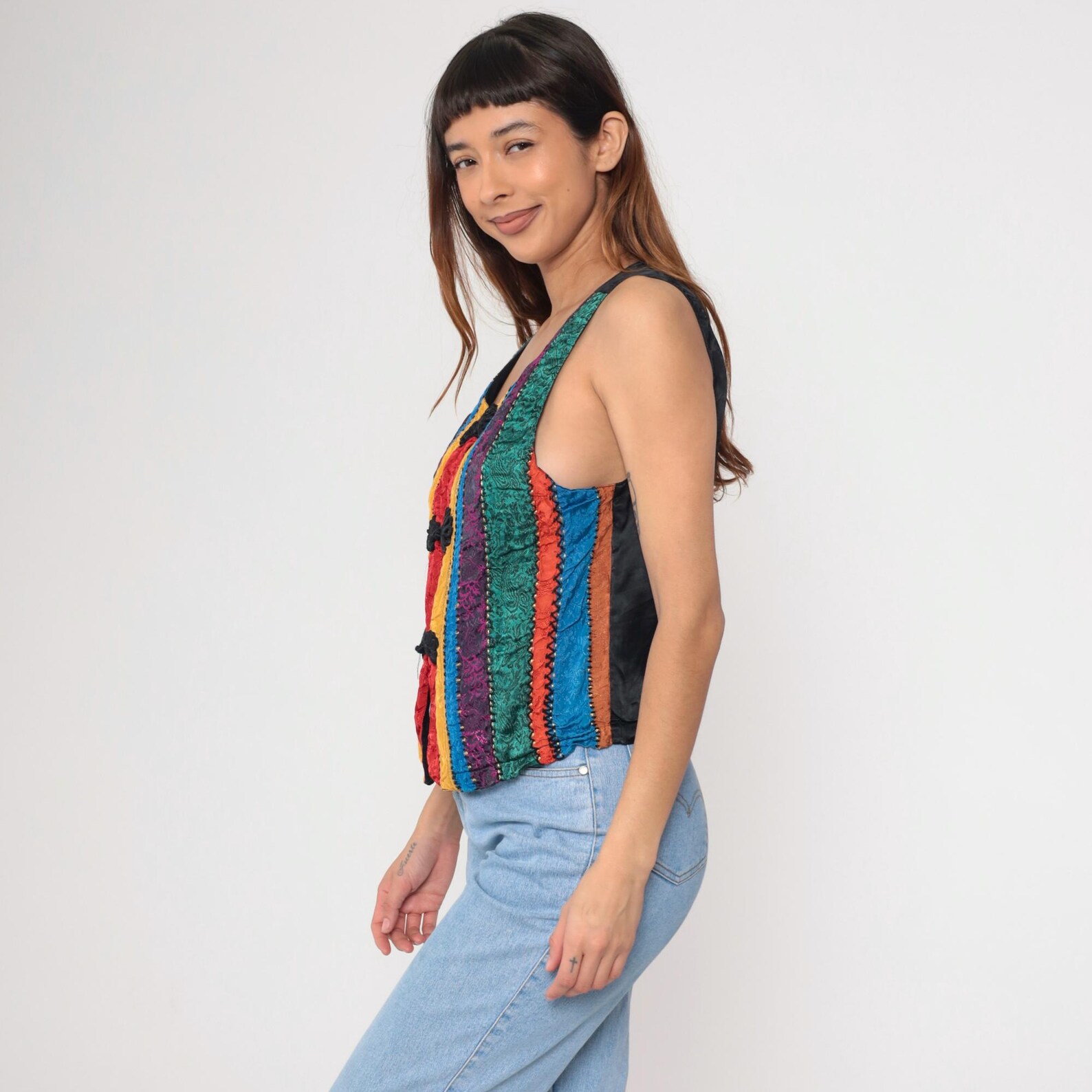 Brocade Striped Vest 90s Asian Frog Closure Button up Vest Patchwork ...