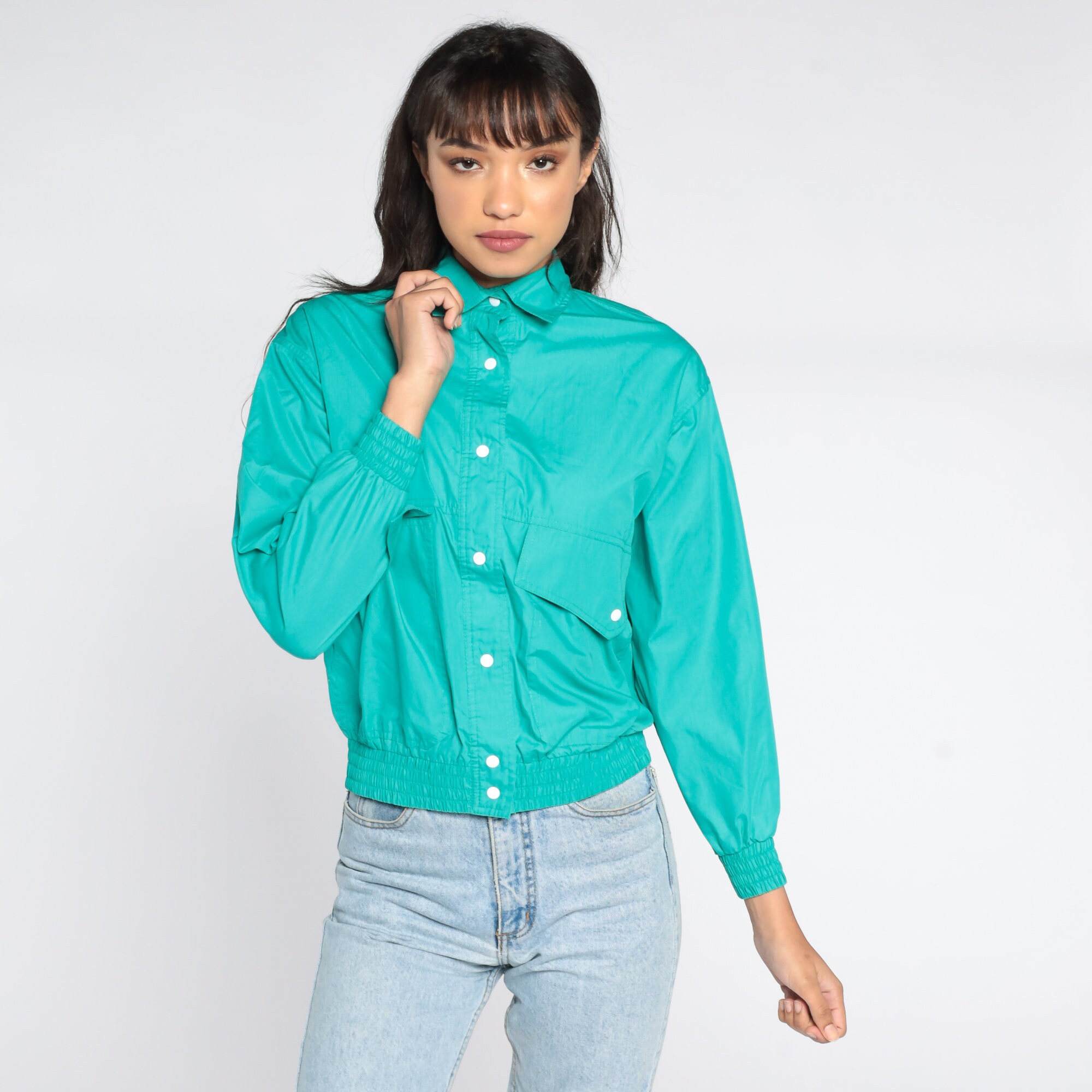 80s Bomber Jacket Turquoise Green Jacket Shirt Button up Cargo - Etsy