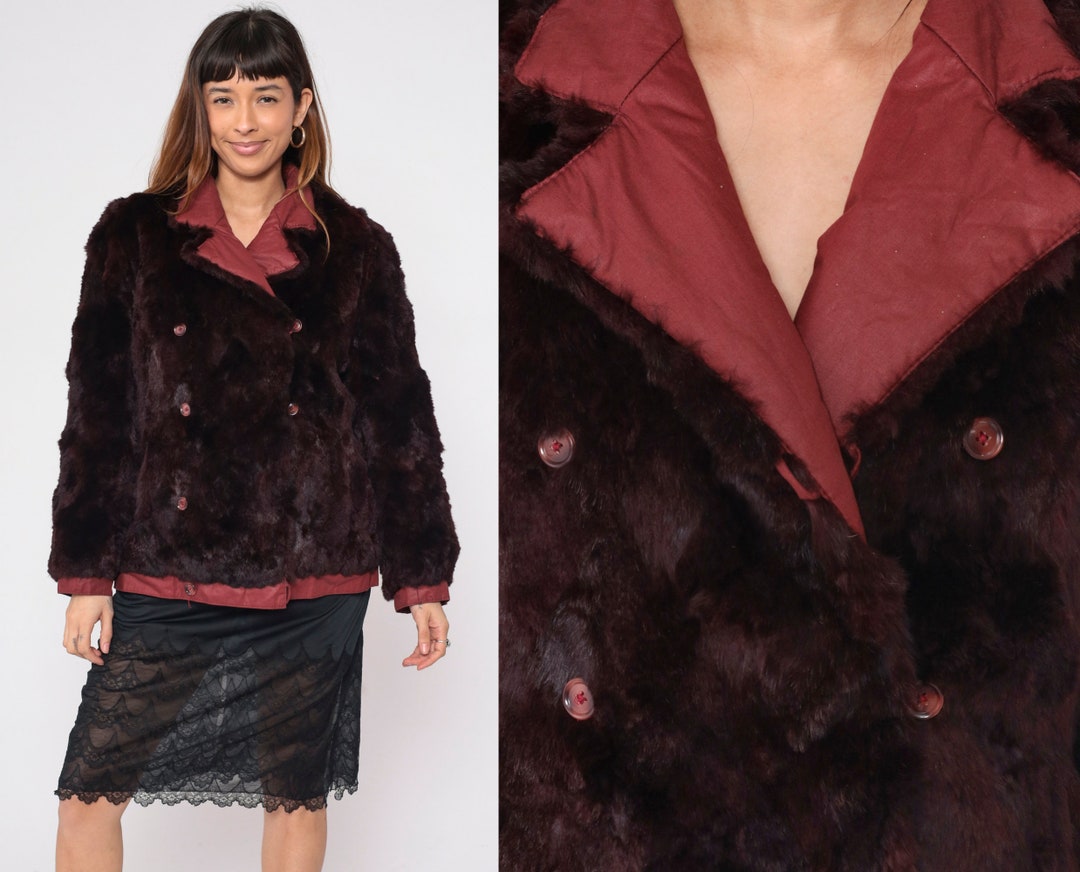 Reversible Fur Coat 80s Burgundy Double Breasted Jacket Pea Coat Button ...
