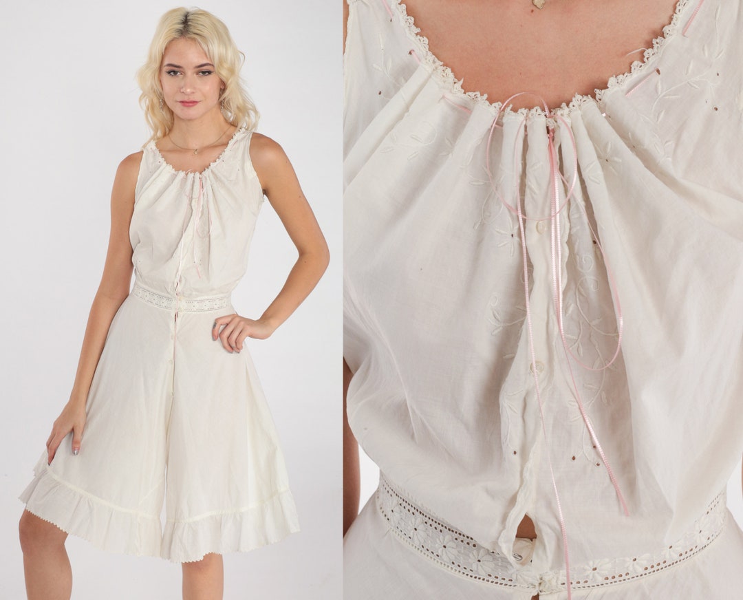 1930s Step in Chemise White Lingerie Romper 30s Floral Embroidered Cutout Button up One Piece ...